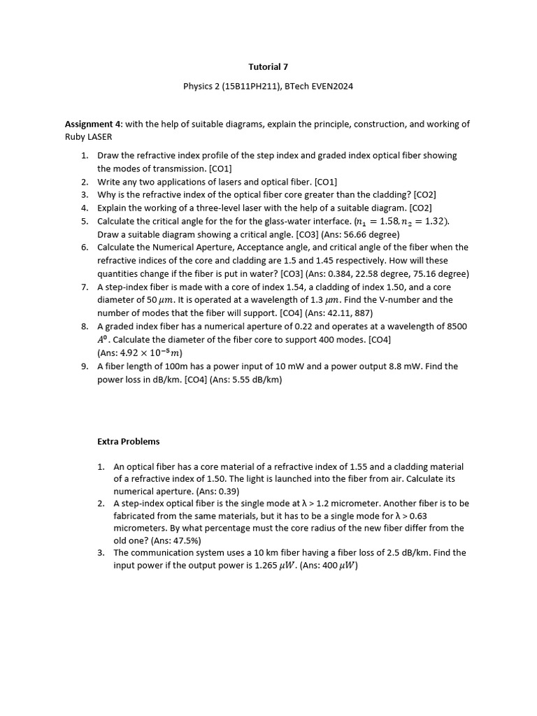 Tutorial_7_Even_2024 | PDF | Optical Fiber | Optics