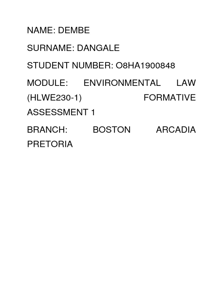 Dembe Dangale 08ha1900848 Environmental Law (Hlwe230-1) Formative ...