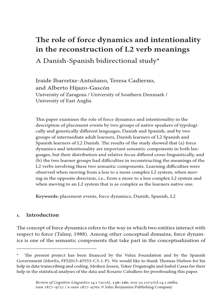 The Role of Force Dynamics and Intentionality in The Reconstruction of L2 Verb Meanings A Danish ...