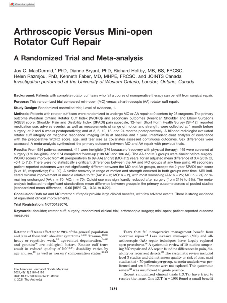 Macdermid Et Al 2021 Arthroscopic Versus Mini Open Rotator Cuff Repair A Randomized Trial and ...