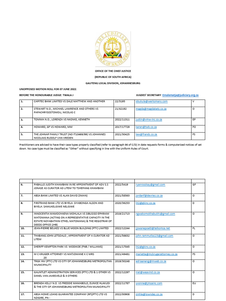 Gauteng Unopposed Motion Roll 07/06/22 | PDF | Banking | Banks