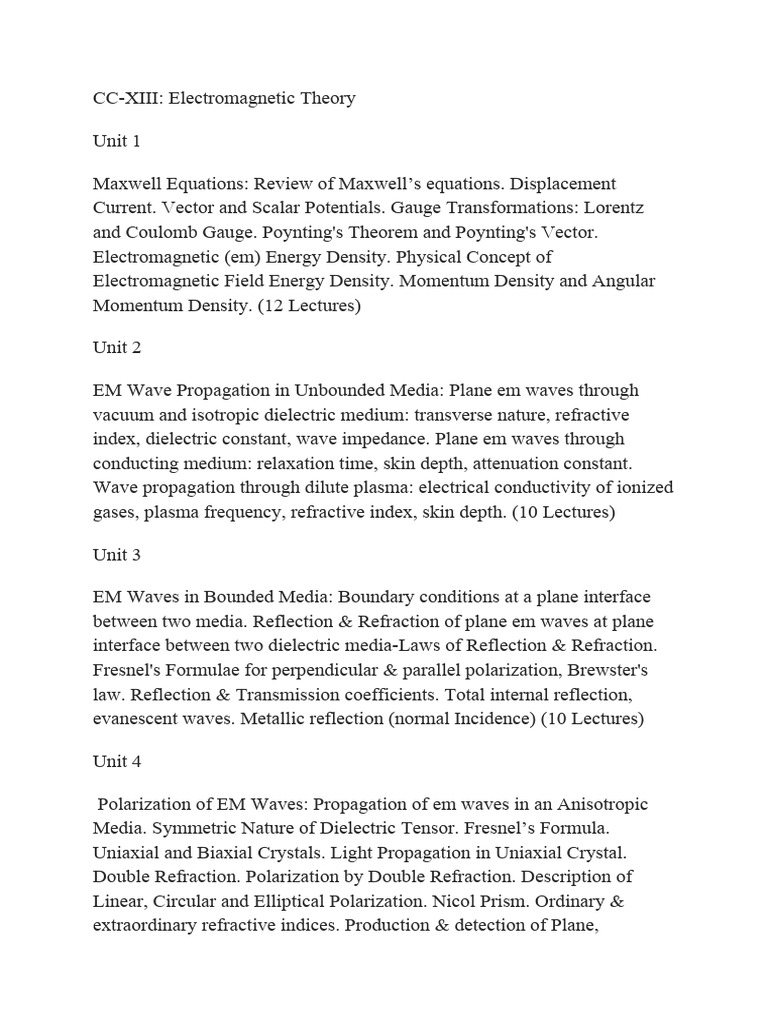 CC-XIII Electromagnetic Theory Unit 1 Maxwell Equations Revi | Download Free PDF | Polarization ...