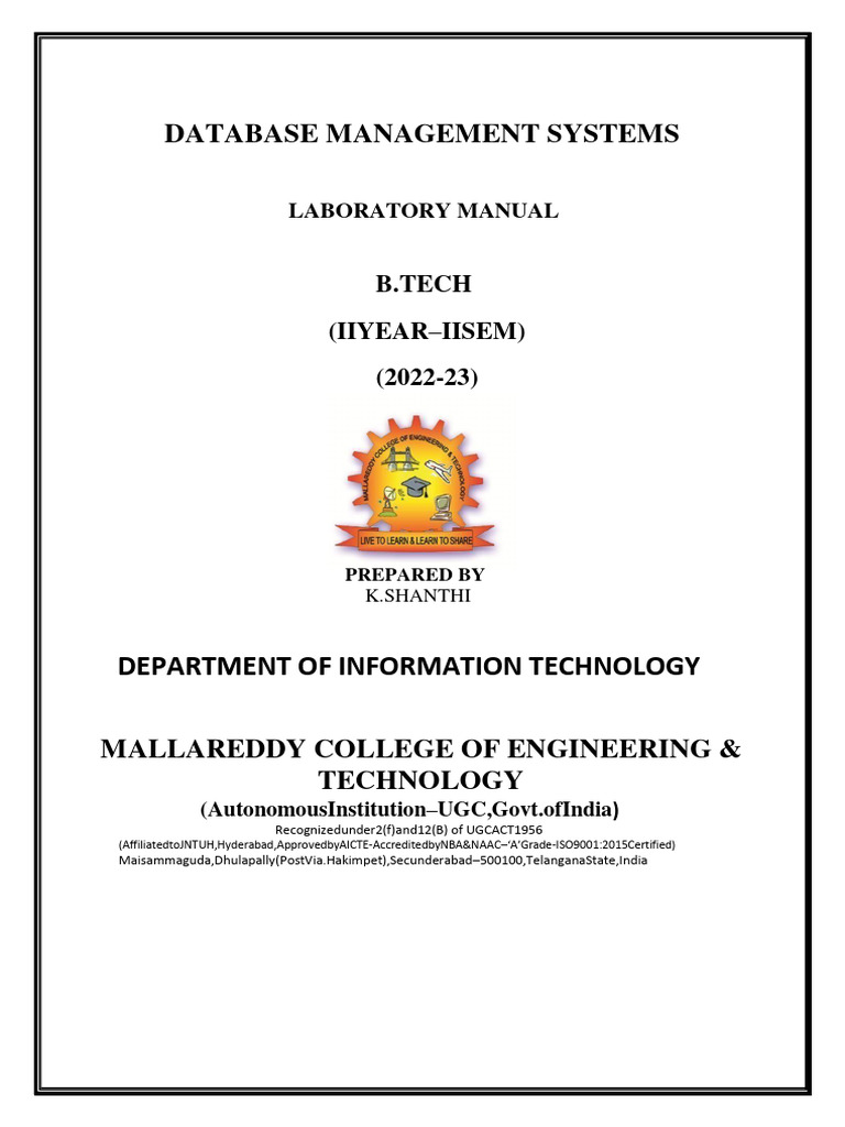It - (20) - 2-2 - Database Management Systems Laboratory Manual (2022-23) | Download Free PDF ...