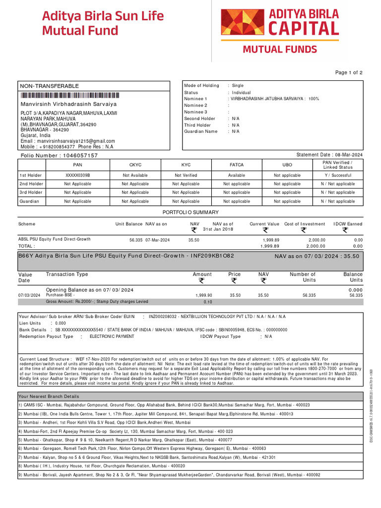Aditya Birla Sun Life Mutual Fund Statement | PDF | Cheque | Financial ...