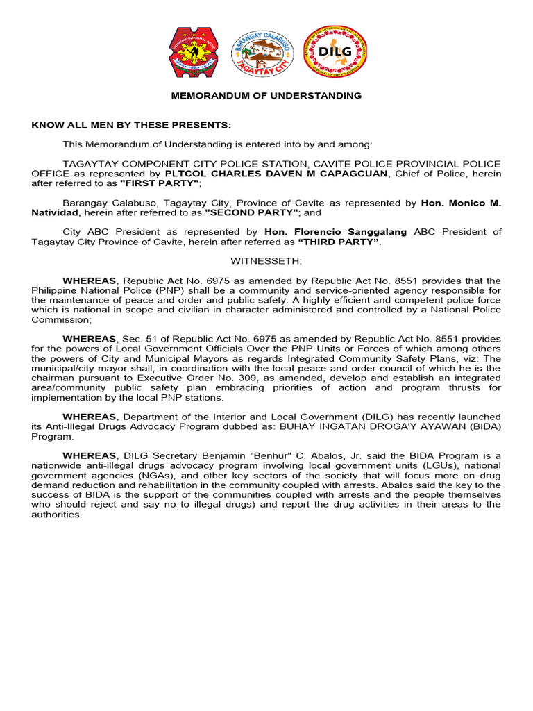 Memorandum of Understanding Calabuso | PDF | Law Enforcement | Crime ...