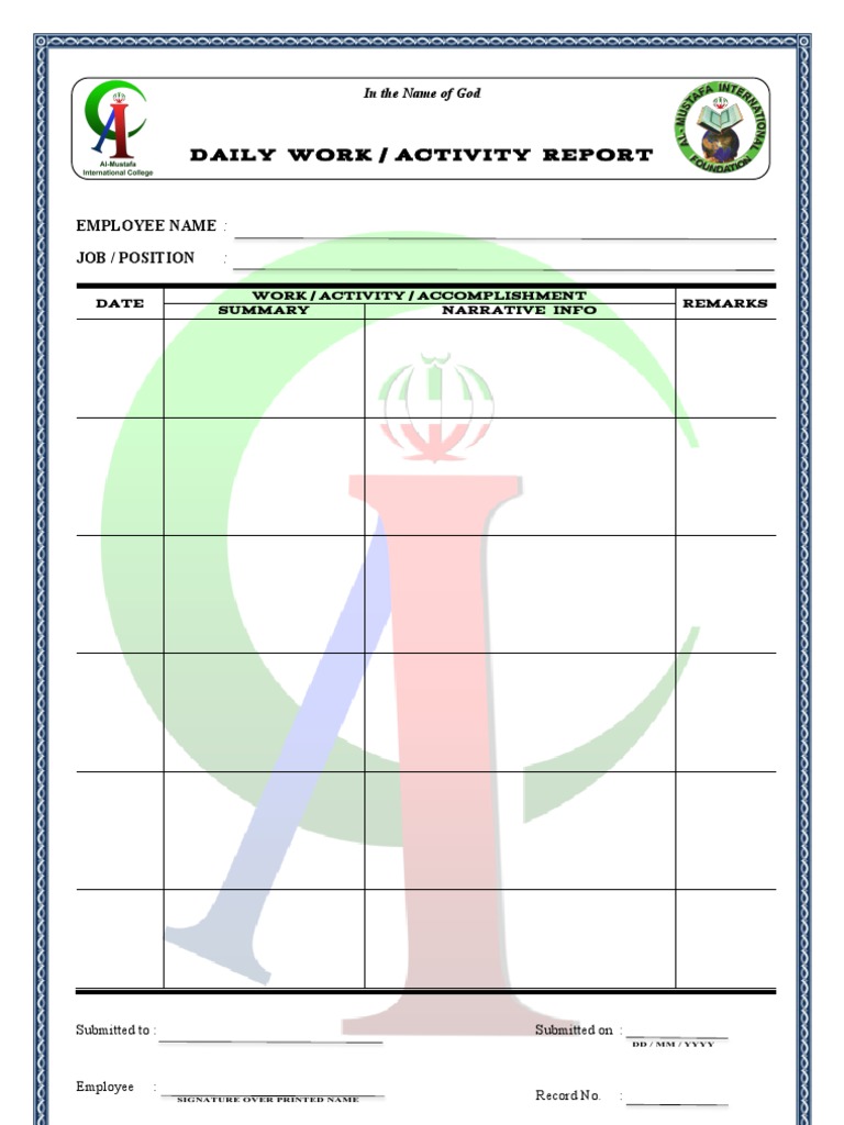 Daily Work / Activity Report: Employee Name: Job / Position | PDF