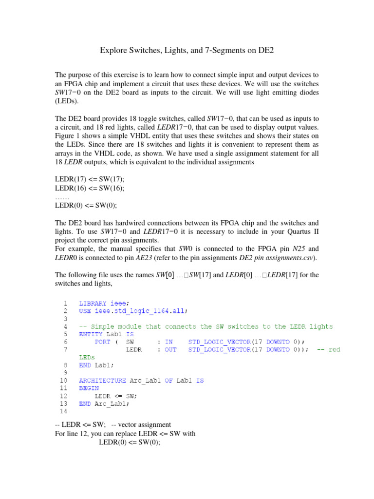 Explore Switches Lights and 7 Segments On DE2 | PDF | Vhdl | Switch