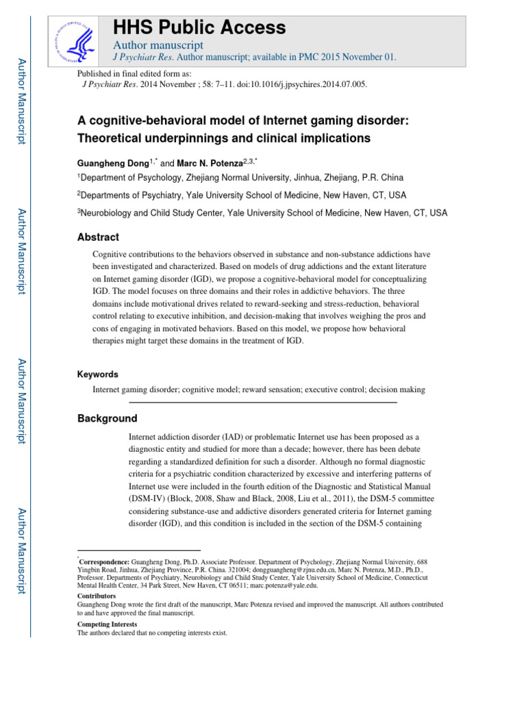 Dong 2014 A Cognitive-Behavioral Model of Internet Gaming Disorder ... Dong 2014 A Cognitive-Behavioral Model of Internet Gaming Disorder ...