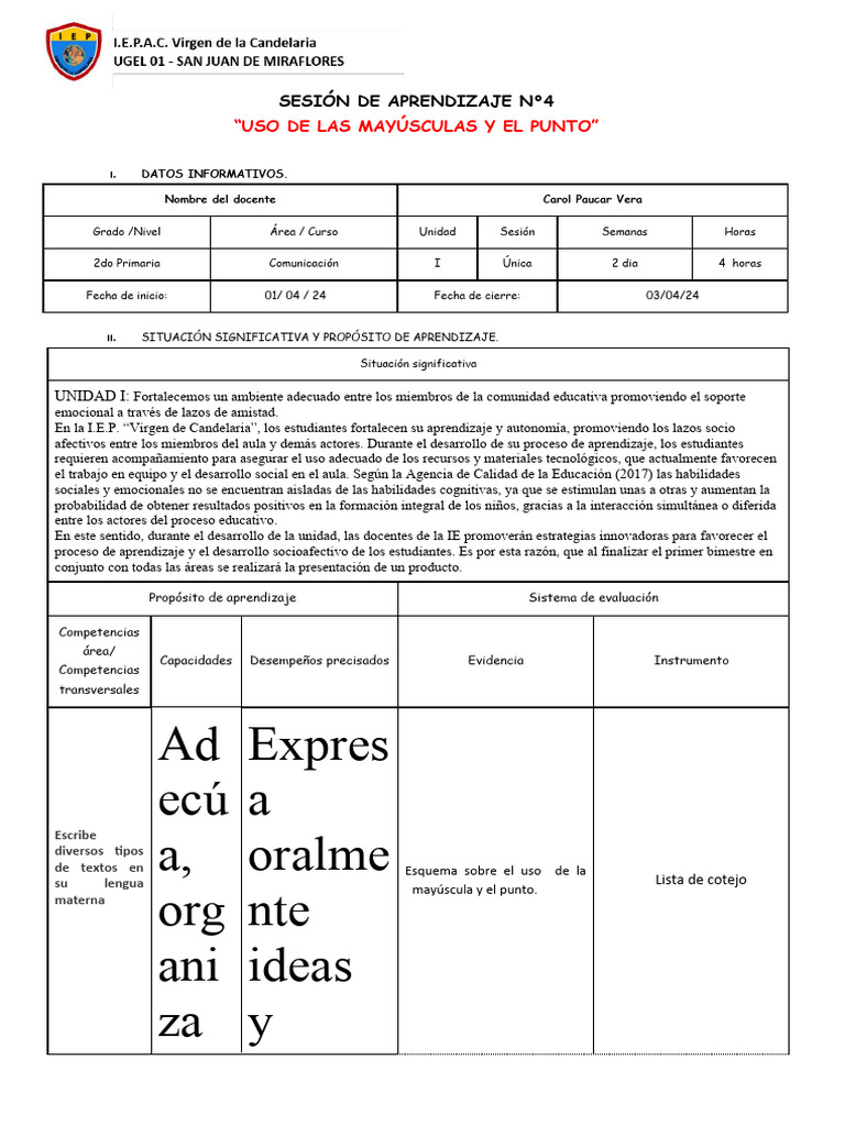 Comunicación Uso de La Mayuscula y El Punto | PDF | Aprendizaje | Salón ...