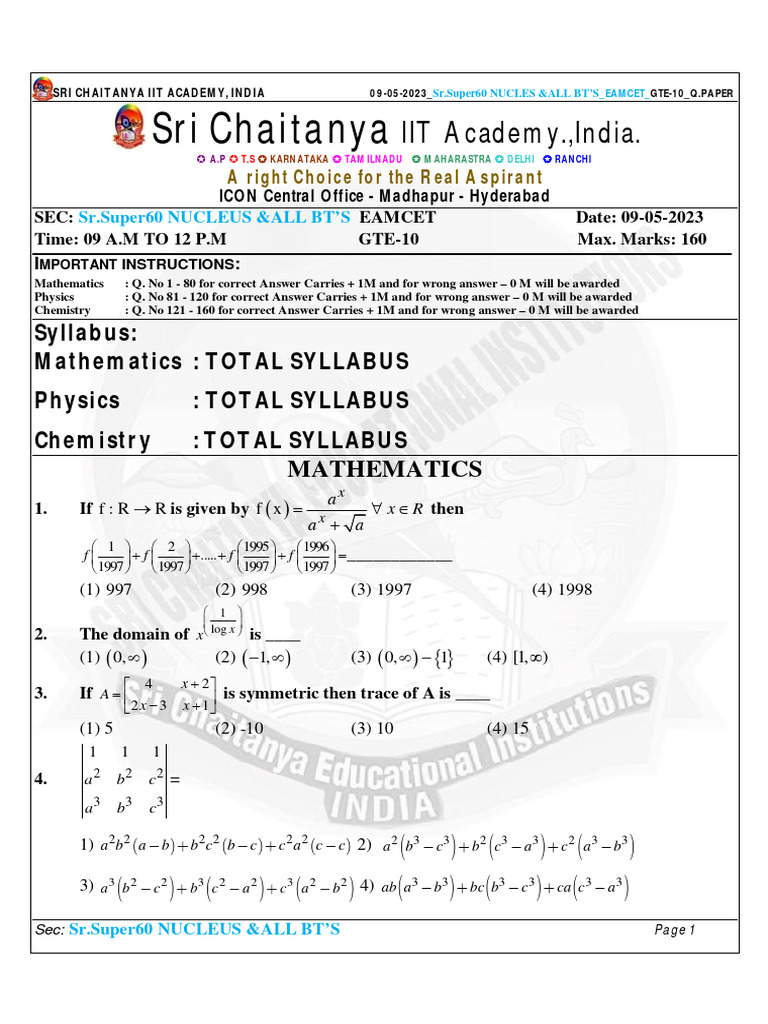 09 05 2023 SR Super60 NUCLEUS &ALL BT'S EAMCET GTE 10 Q PAPER | PDF ...