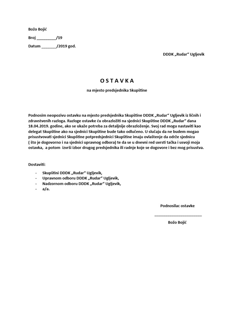 Božo Bojić - Ostavka | PDF