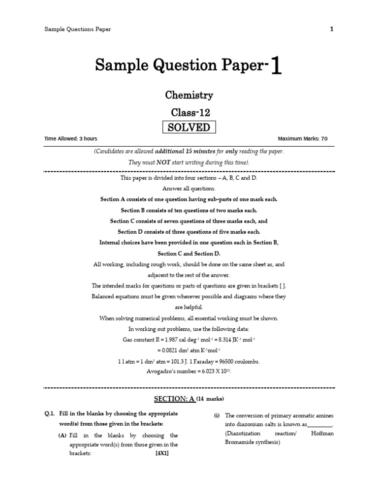 Isc 12 Chemistry SQP 1 | PDF | Chemical Polarity | Chemical Reactions