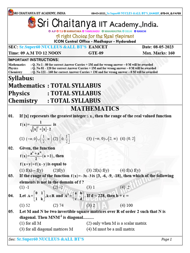 EAMCET GTE-09 Exam Paper 2023 | PDF | Ellipse | Physical Quantities
