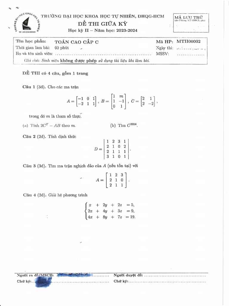 GK Toan C hk1 2023 2024 Dai Tra HL | PDF