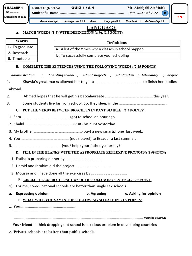 School Vocabulary and Grammar Quiz | PDF | Language Mechanics ...