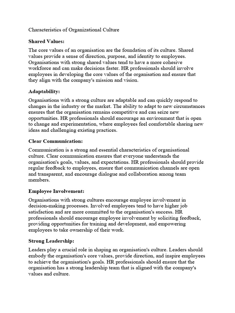 Characteristics of Organizational Culture | PDF | Leadership ...