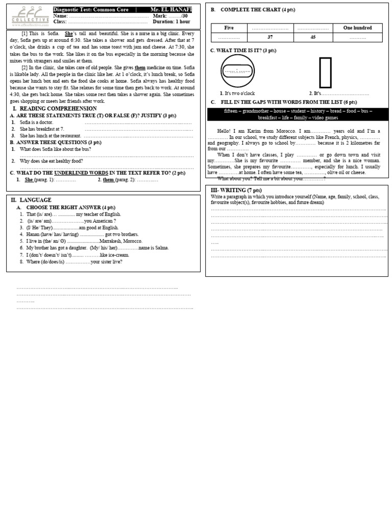 Diagnostic Test Common Core | PDF