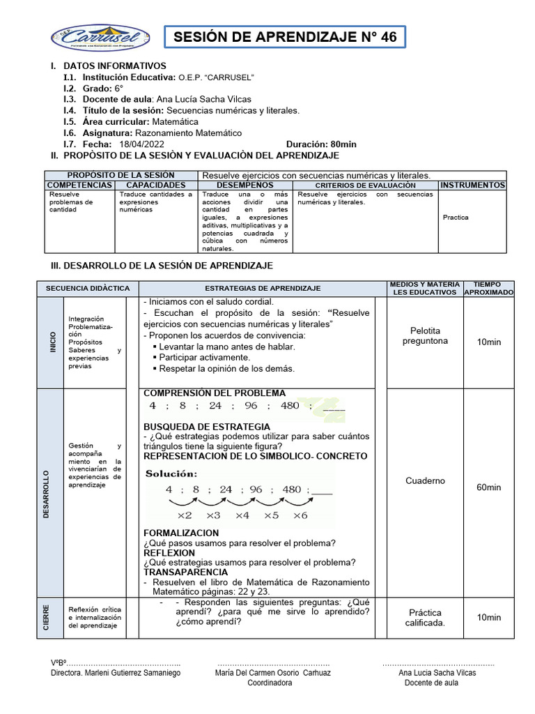 Sesión de Aprendizaje 46 Raz Mate Sexto Carrusel | PDF | Aprendizaje | Evaluación