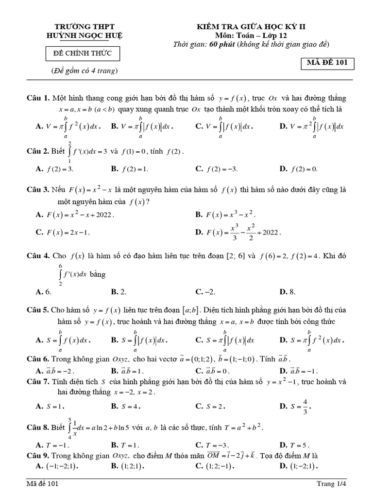 Đề Chính Thức: y fx Ox x ax ba b Ox V f xdx V fxdx V fxdx V fxdx | PDF