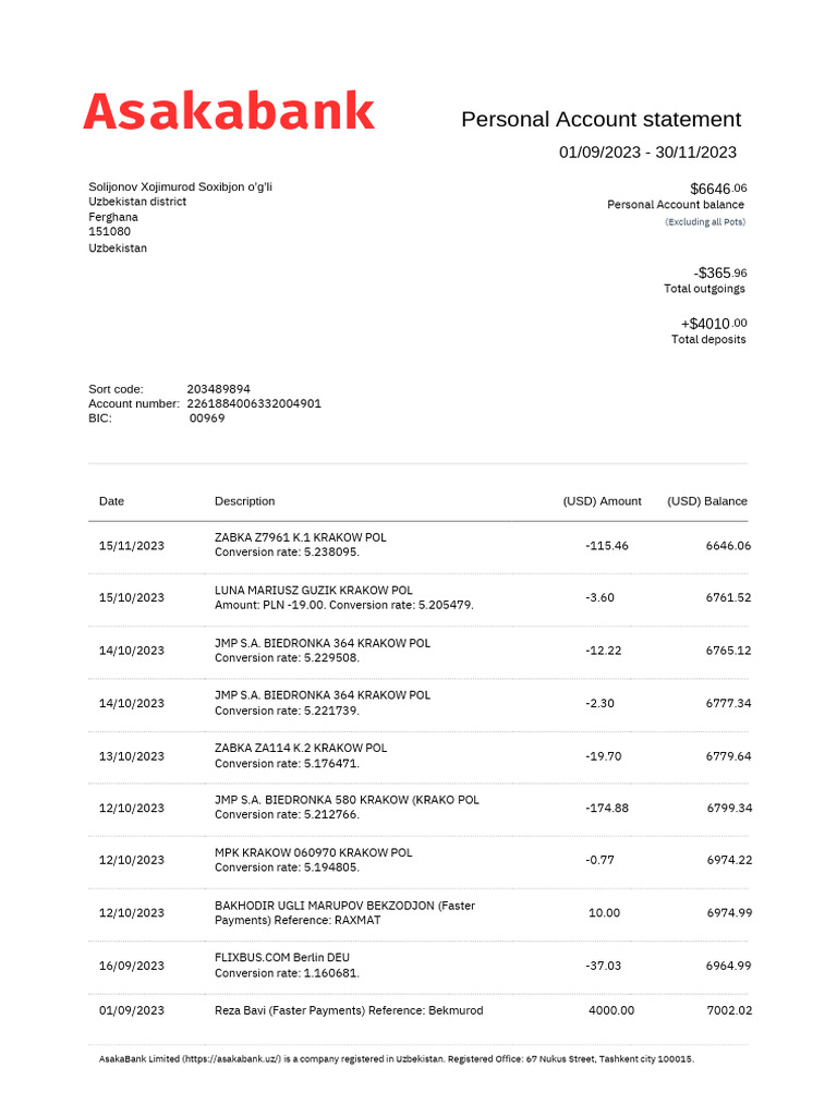 Asakabank Bank Statement 2023-09!01!2023!11!30 Compressed | PDF | Personal Finance | Banking ...