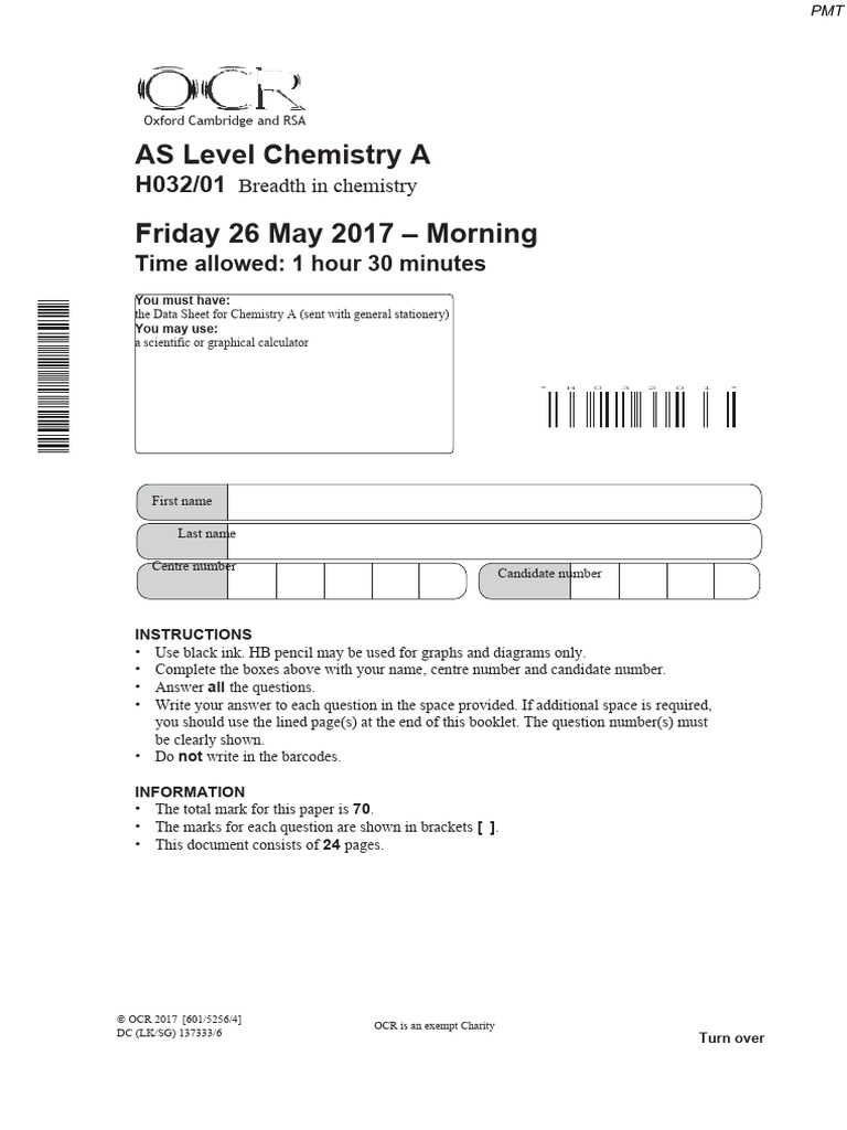 June 2017 QP - Paper 1 OCR (A) Chemistry AS-Level | PDF | Methanol ...