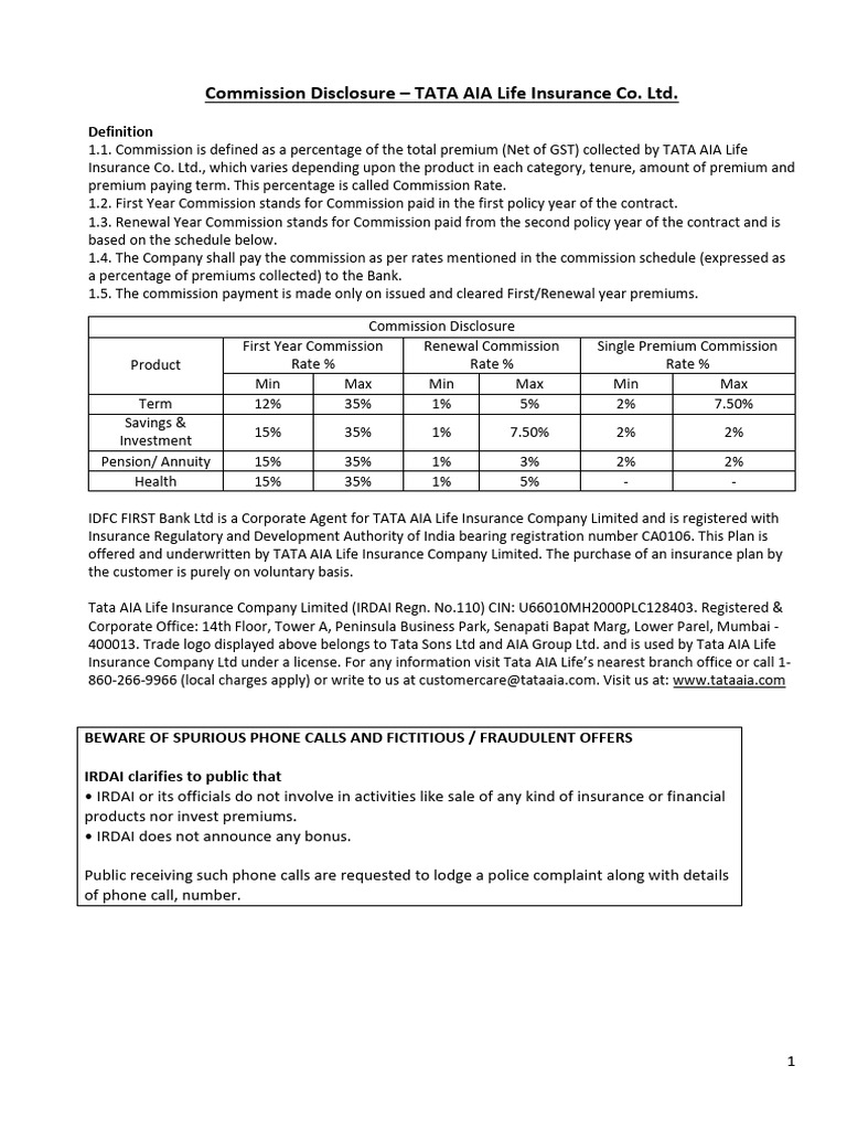 TATA-AIA-Disclosure | PDF | Insurance | Life Insurance