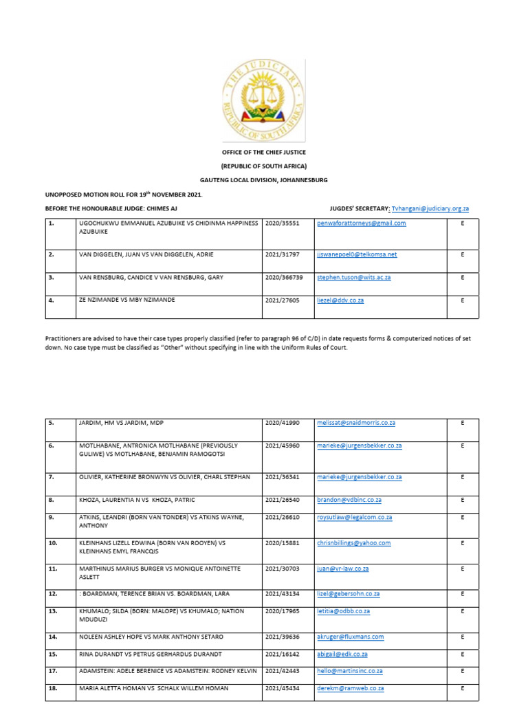 19 November 2021 - Unopposed Motion Roll Before Chimes AJ | PDF