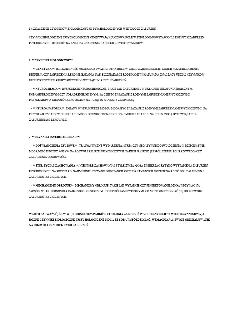 Znaczenie Czynników Biologicznych I Psychologicznych W Etiol | PDF