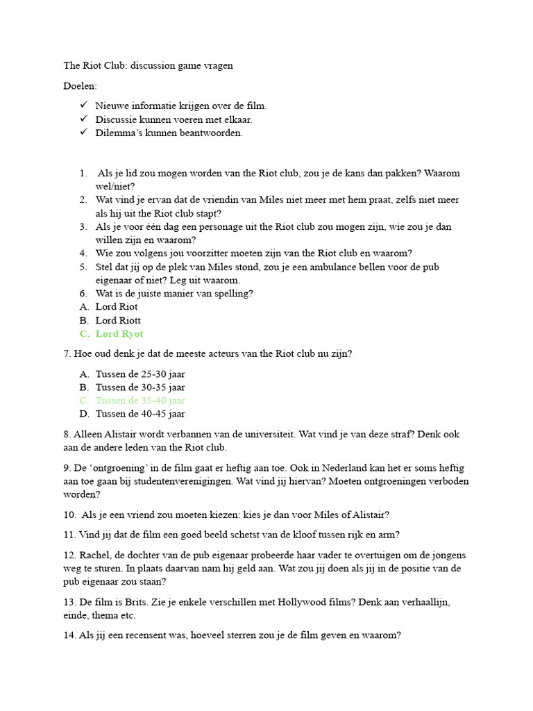 the riot club vragen | PDF