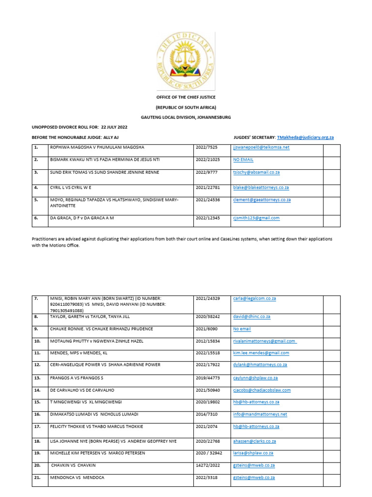 Johannesburg Unopposed Divorce Roll 22 July 2022 | PDF