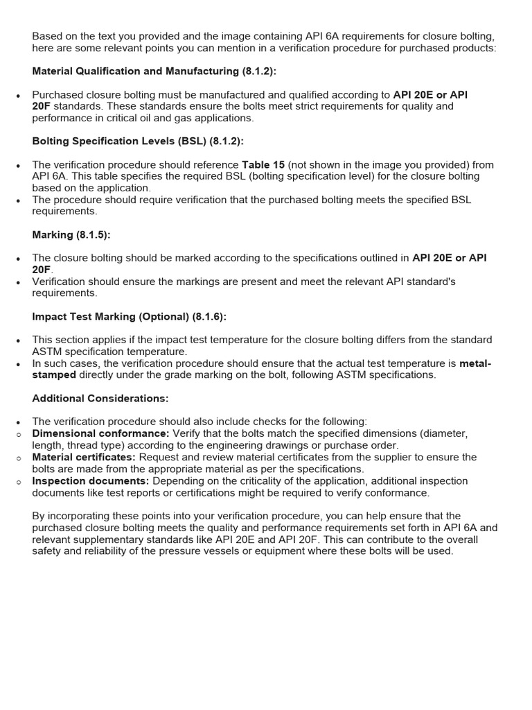 Based On The Text You Provided and The Image Containing API 6A Requirements For Closure Bolting ...