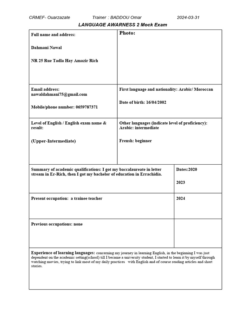Mock Exam of LG Awarness | PDF | Experience | Learning