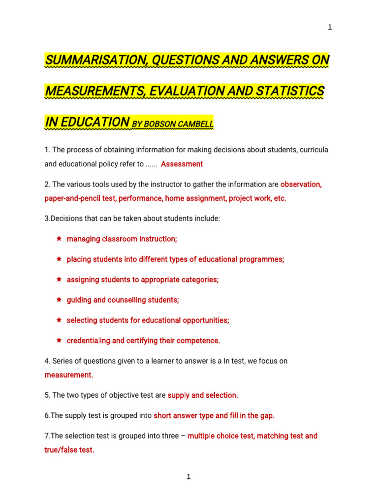 Education Assessment: Measurements & Methods | PDF | Educational ...
