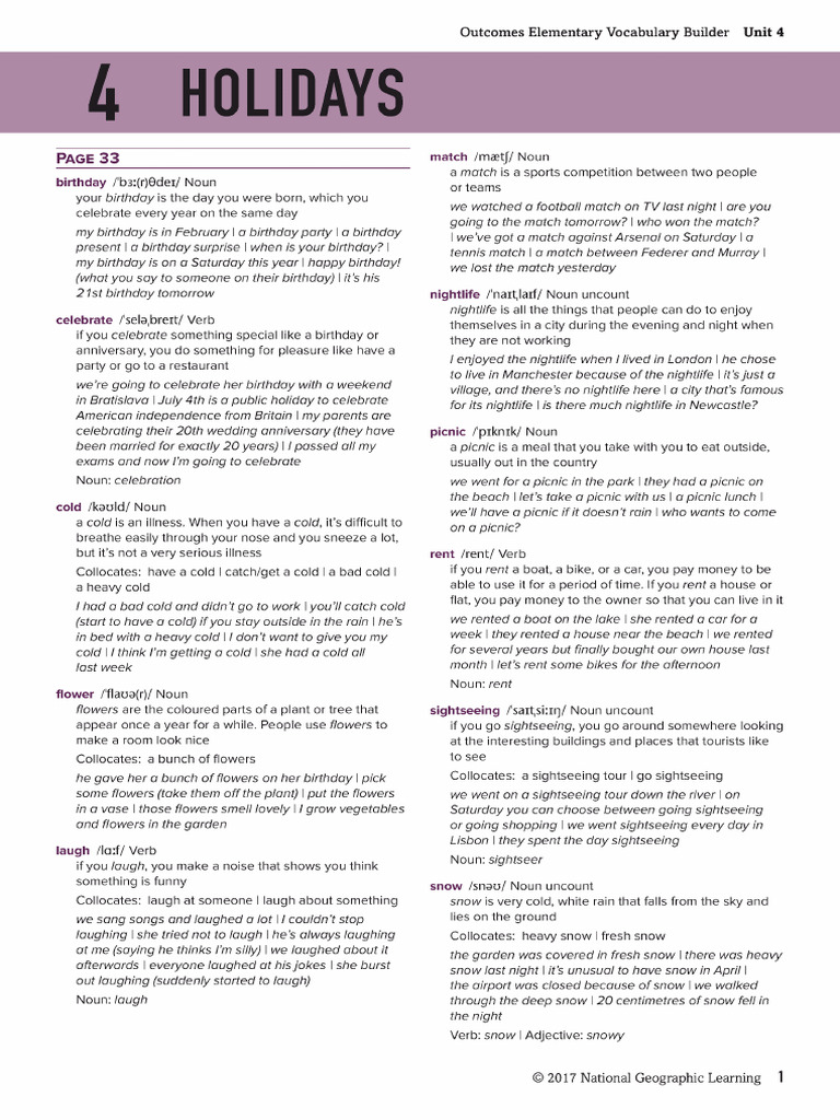 Outcomes_Elementary_VocabularyBuilder_Unit4 | PDF