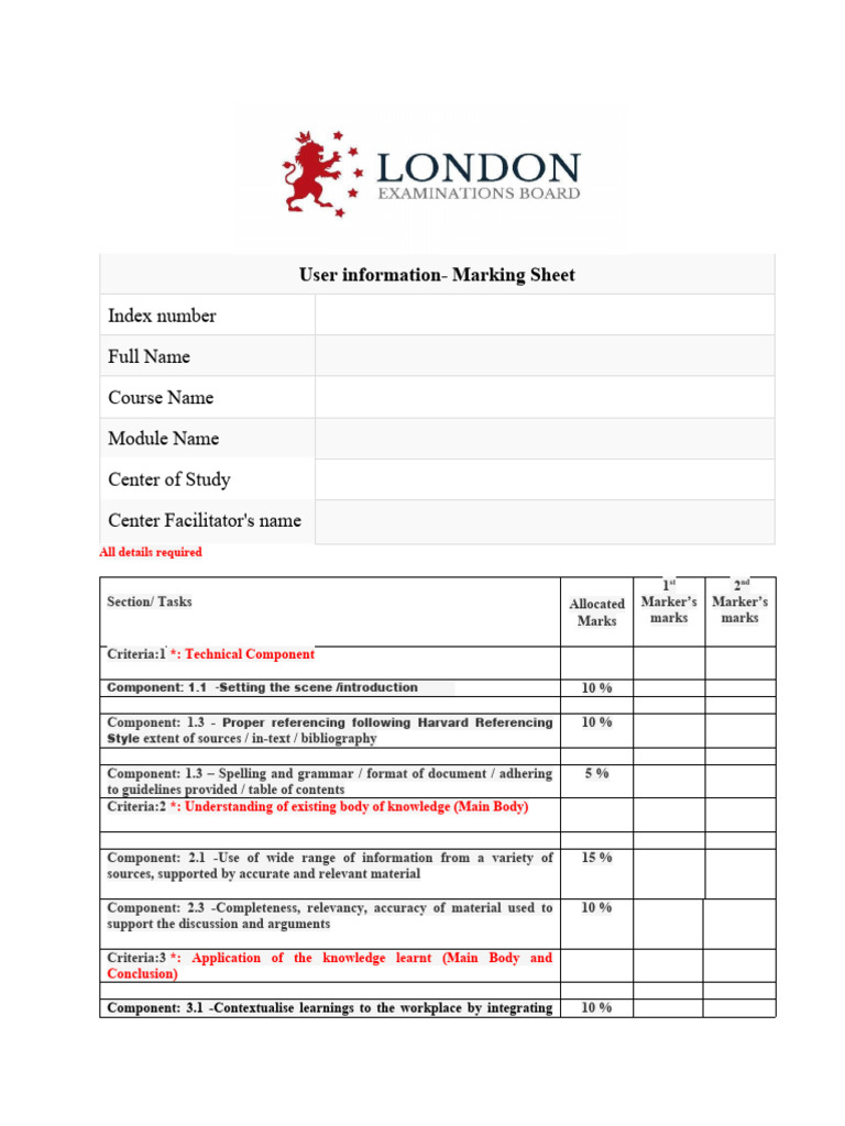 User Information Marking Sheet Template | PDF | Citation | Knowledge