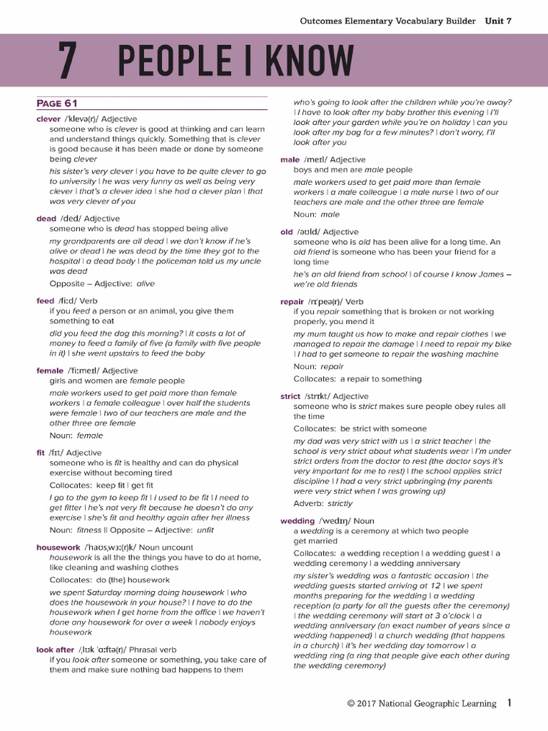 Outcomes Elementary VocabularyBuilder Unit7 | PDF