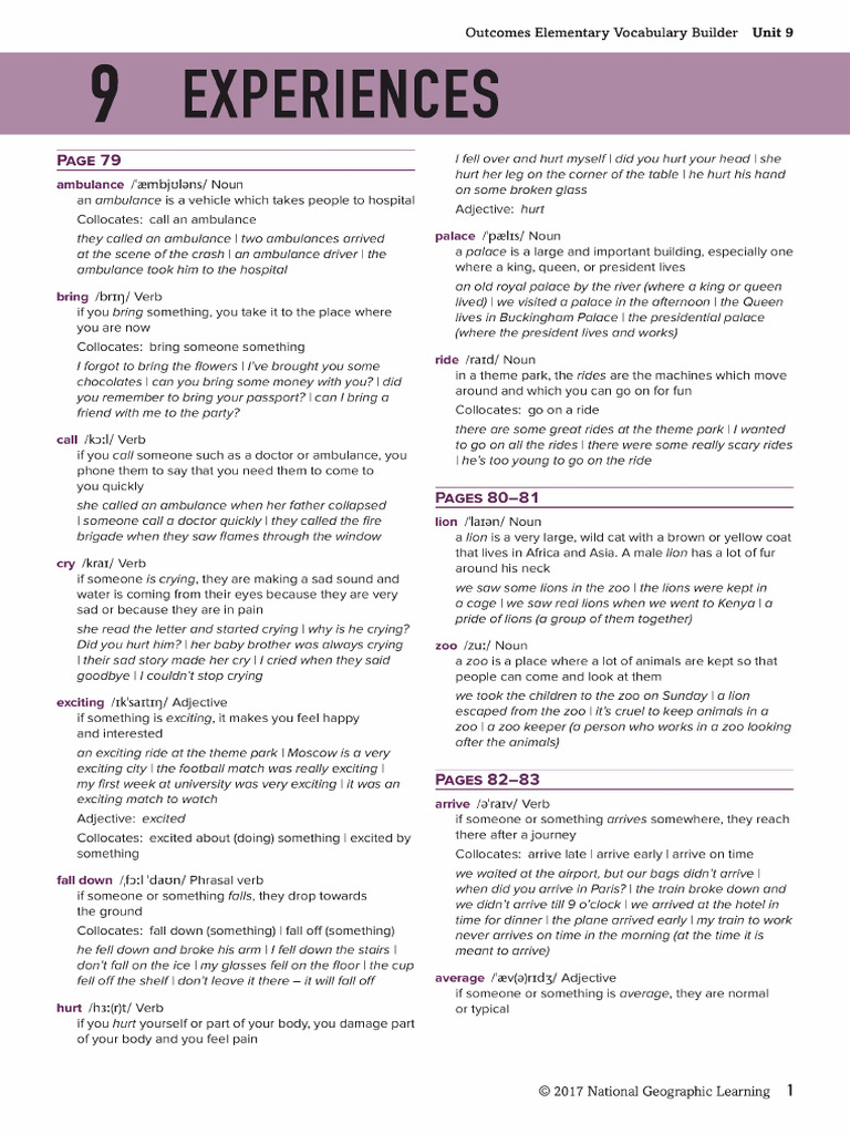 Outcomes Elementary VocabularyBuilder Unit9 | PDF