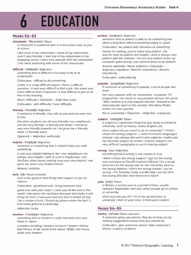 Outcomes Elementary VocabularyBuilder Unit6 | PDF
