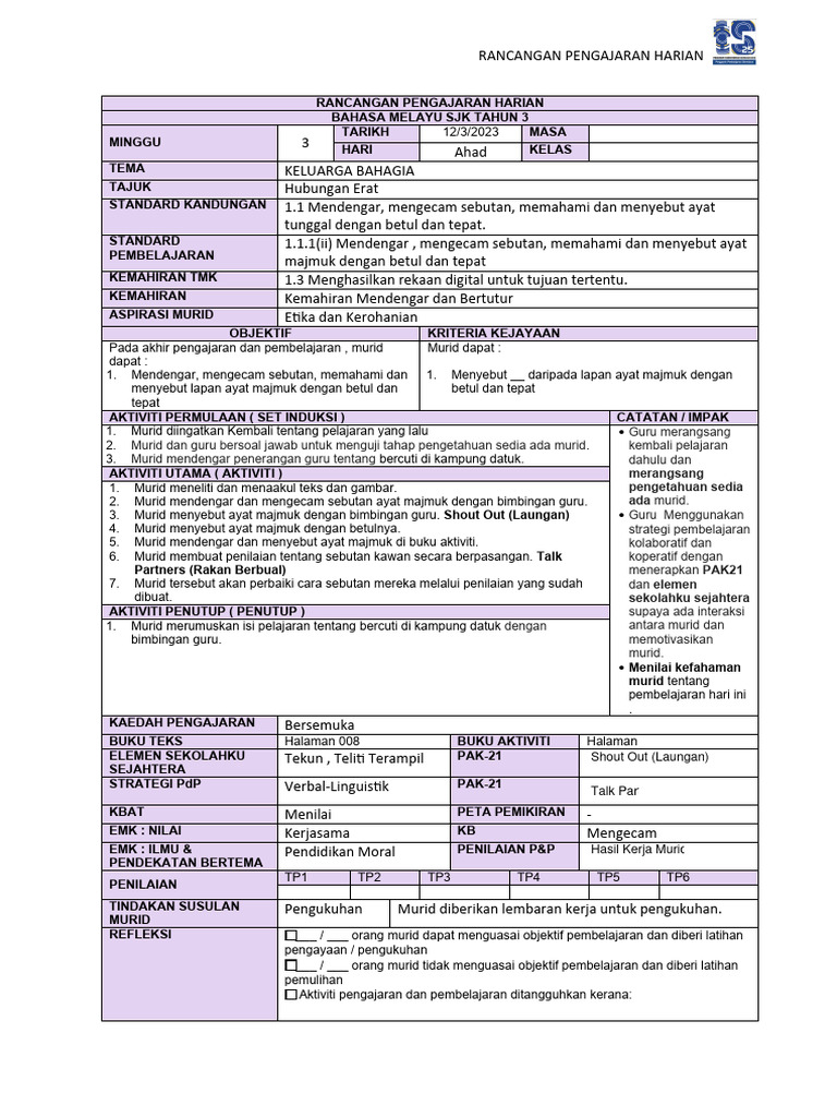 RPH Minggu 3 BM SJK THN 3 2023 by Cikgu Gorgeous | PDF