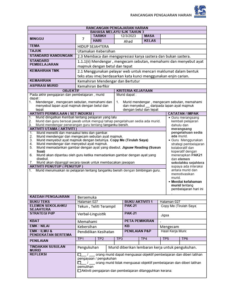 RPH Minggu 7 BM SJK THN 3 2023 by Cikgu Gorgeous | PDF