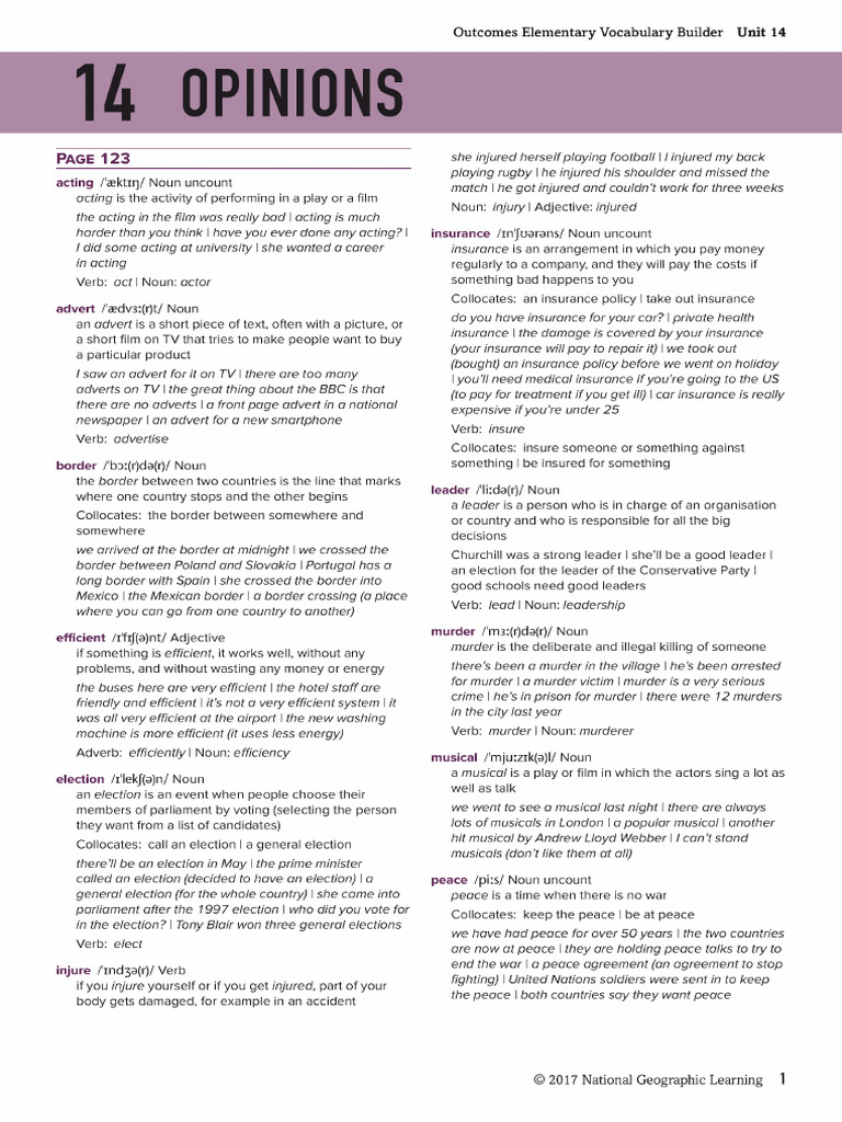 Outcomes_Elementary_VocabularyBuilder_Unit14 | PDF