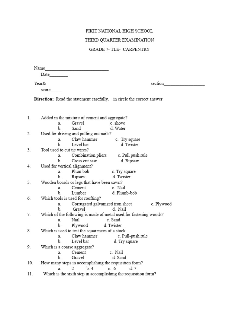 Examination For 3rth Quarter | PDF | Measurement | Metrology