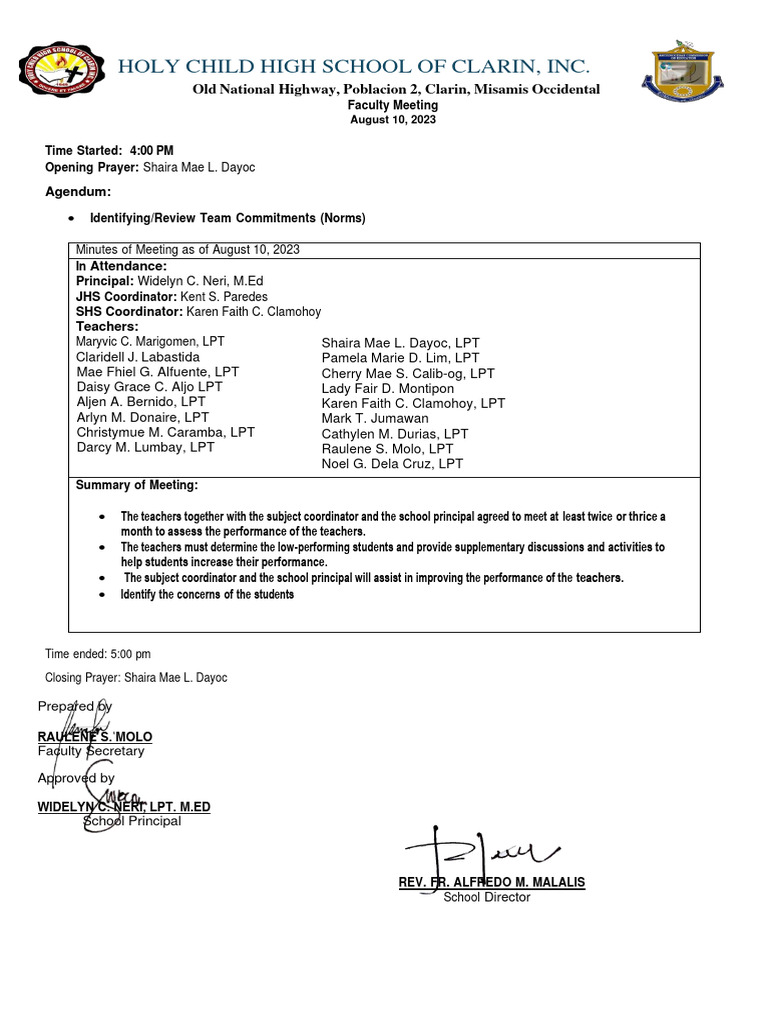 Faculty Meeting Minutes - Holy Child High School | PDF | Career ...