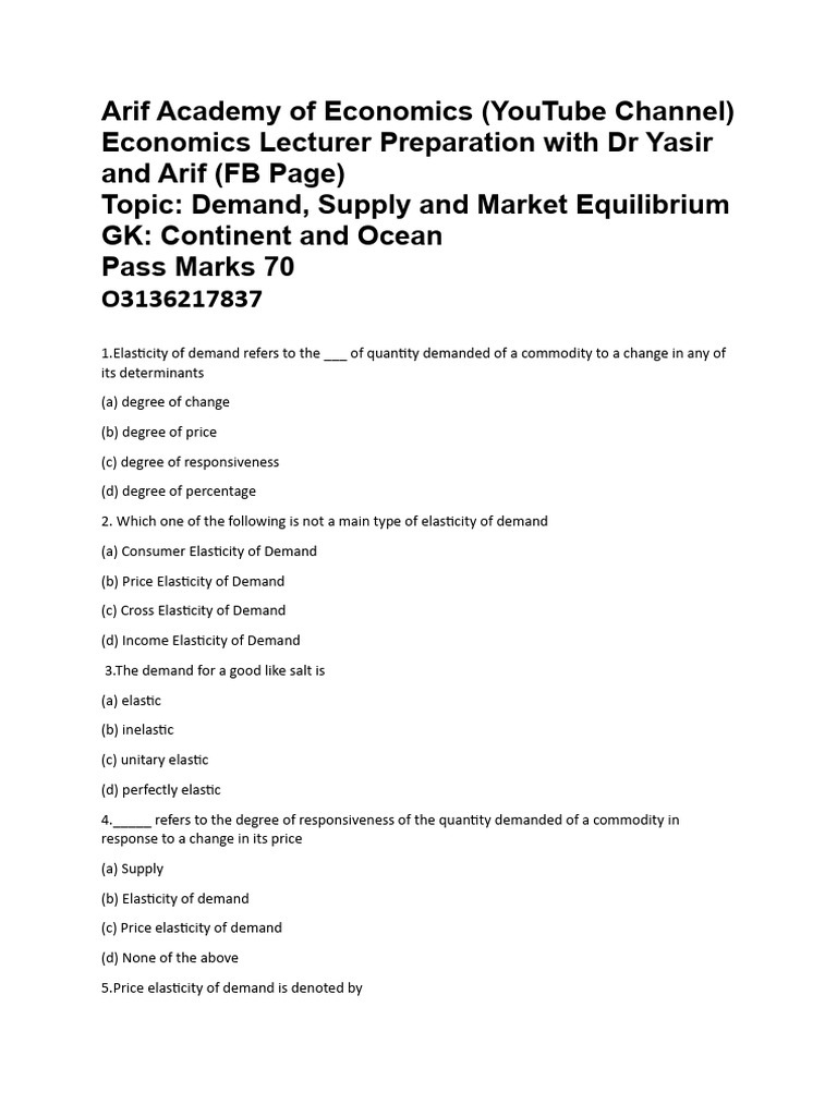 1 Unsolved Demand Supply and Market Equilibrium GK - Copy - 2 | PDF | Demand | Price Elasticity ...
