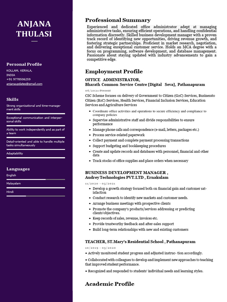 Resume ANJANATHULASI | PDF | Business Development | Databases