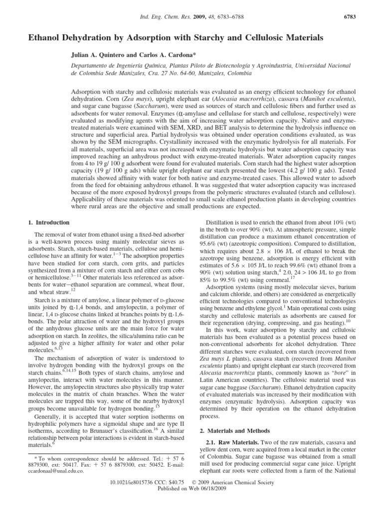Ethanol Dehydration by Adsorption With S | PDF | Adsorption | Starch