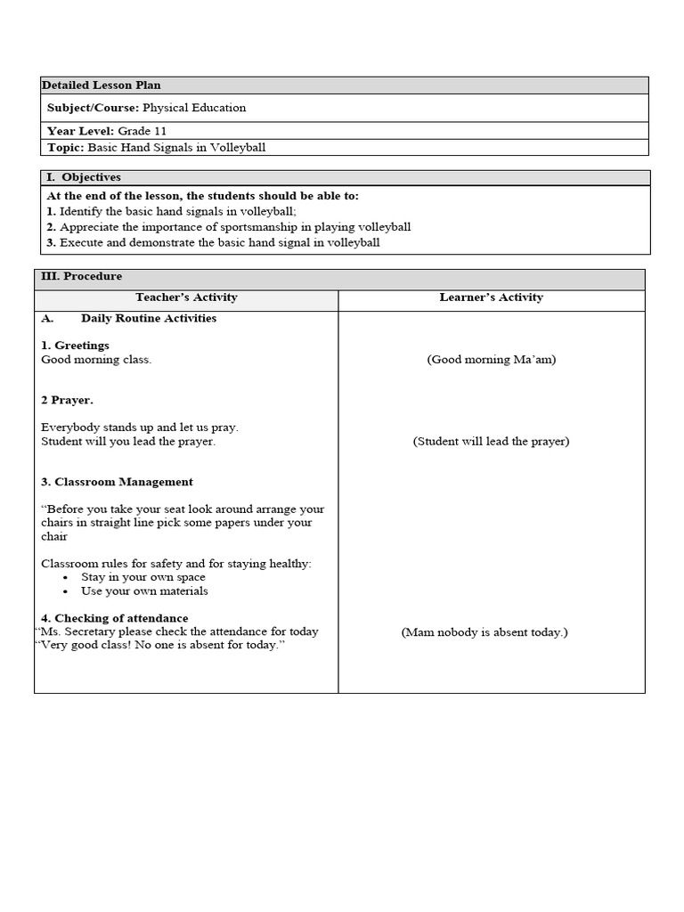 Lesson Plan Basic Hand Signals in Volleyball | PDF | Volleyball | Cognition