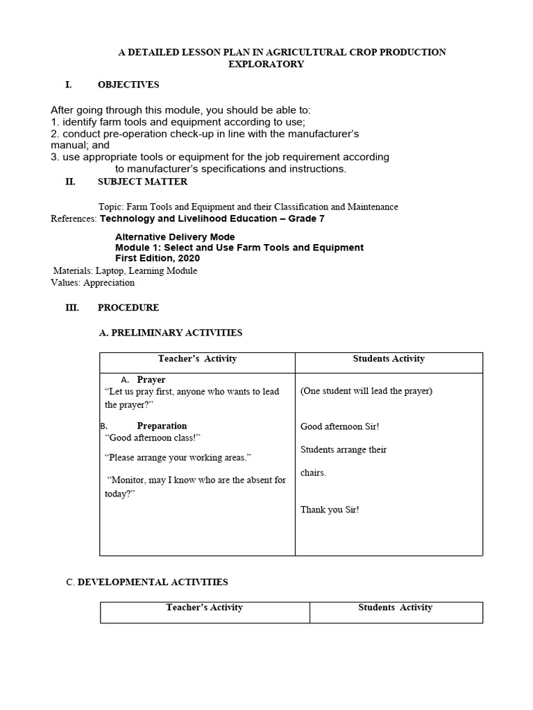 A Detailed Lesson Plan in Agricultural Crop Production Exploratory ...