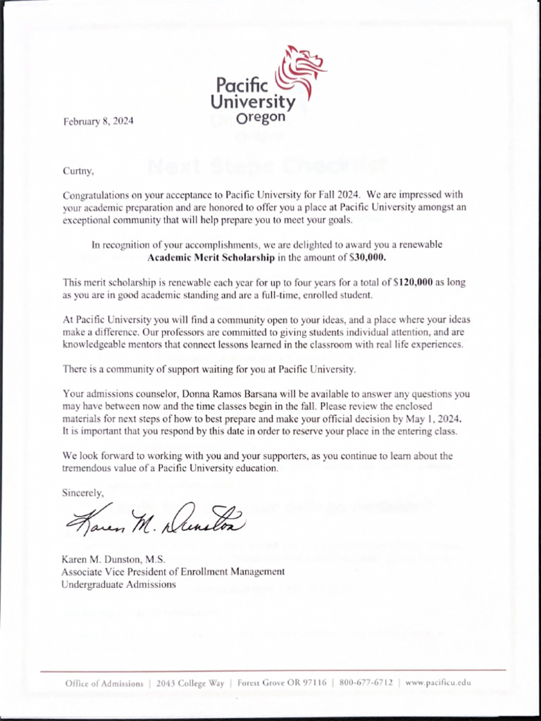 Pacific University Oregon Acceptance Merit Scholarship | PDF