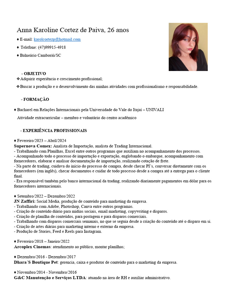Anna Karoline Cortez - CV - 2024 | PDF | Marketing